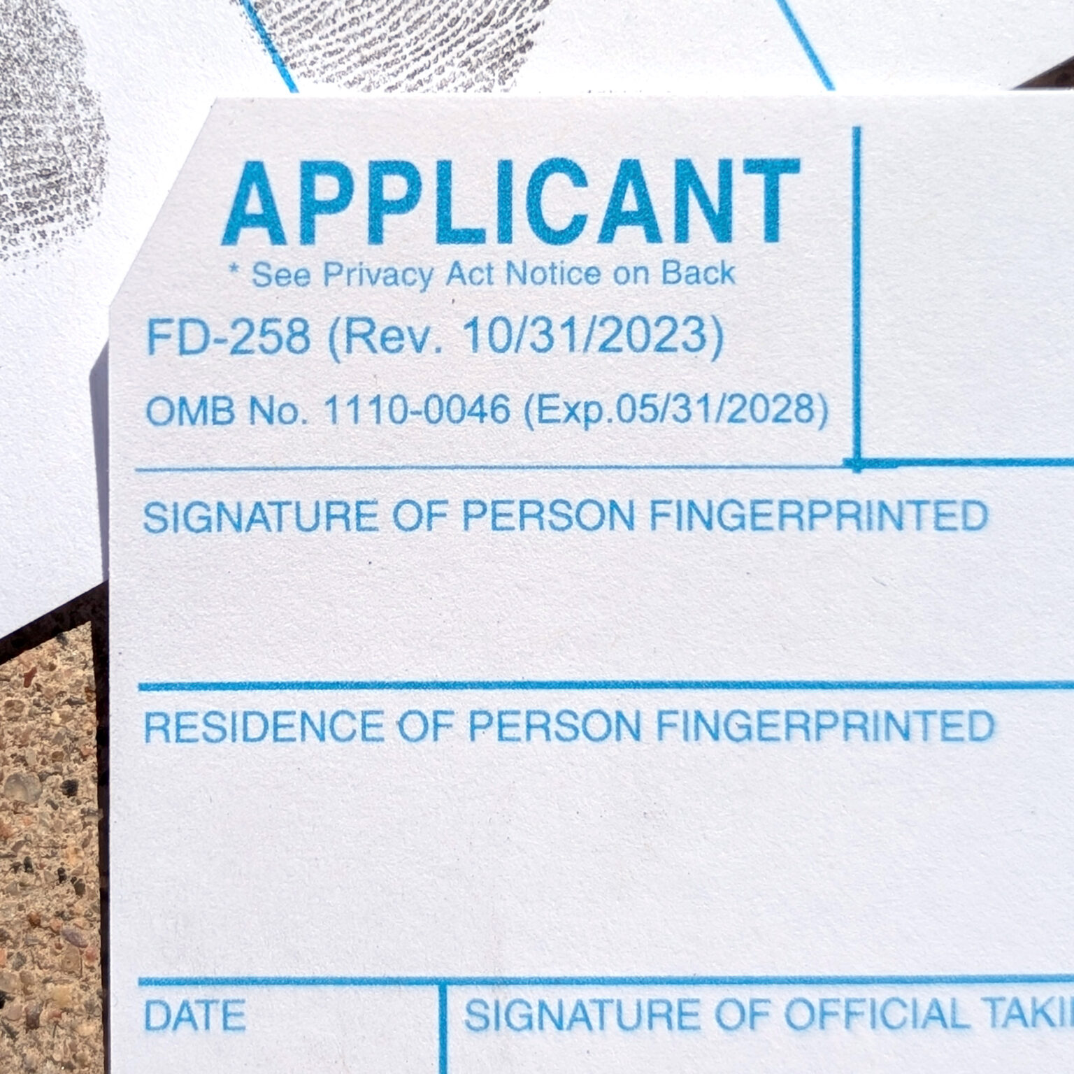 FD-258 Fingerprint Card with Instructions for Use