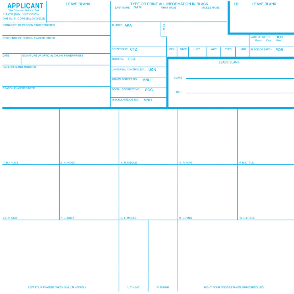 FD-258 Fingerprint Card with Instructions for Use