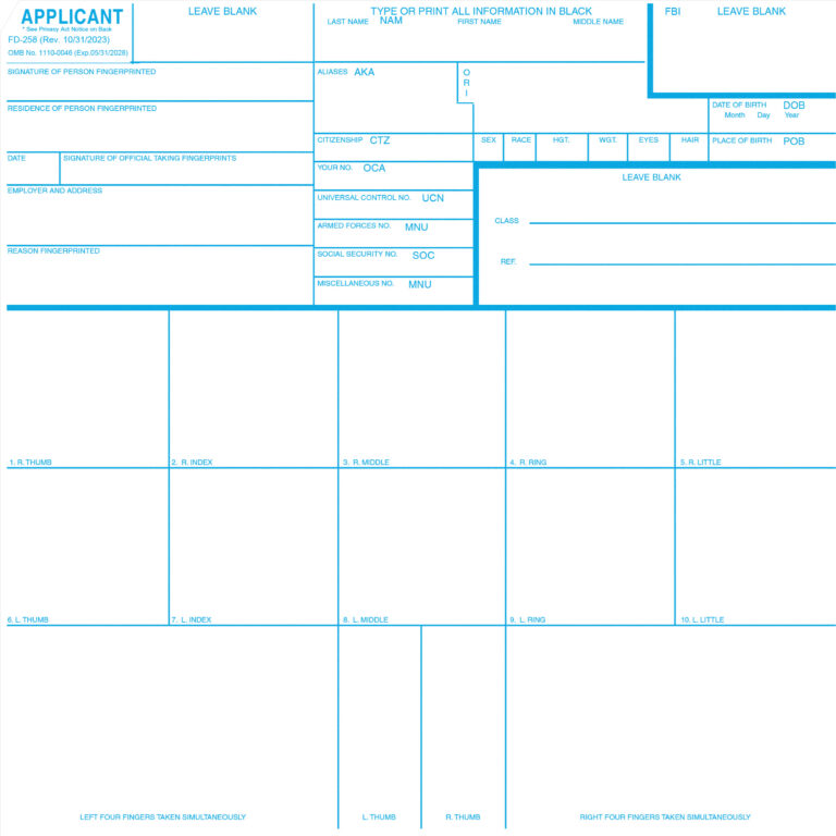 FD-258 Fingerprint Card with Instructions for Use