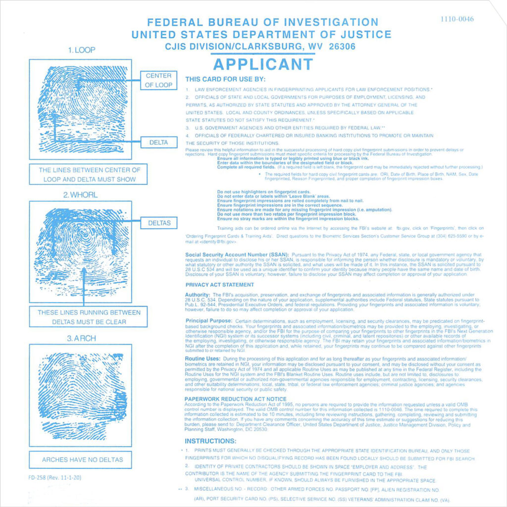 FD-258 Fingerprint Card with Instructions for Use
