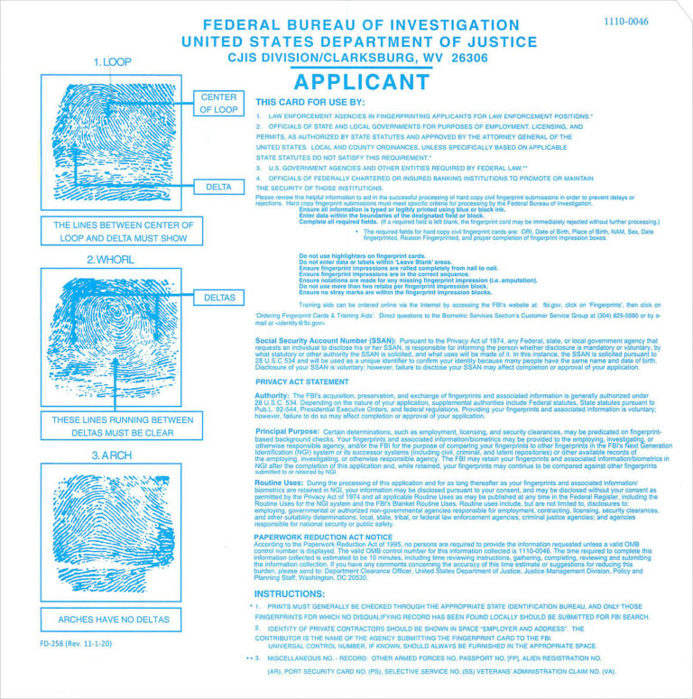 ATF FD-258 Fingerprint Cards, Applicant